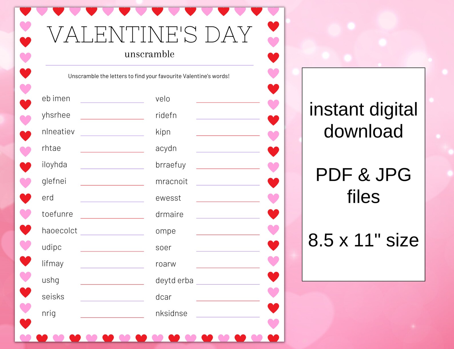 Valentine's Day Word Scramble Printable Game With Answer Key - Etsy Canada
