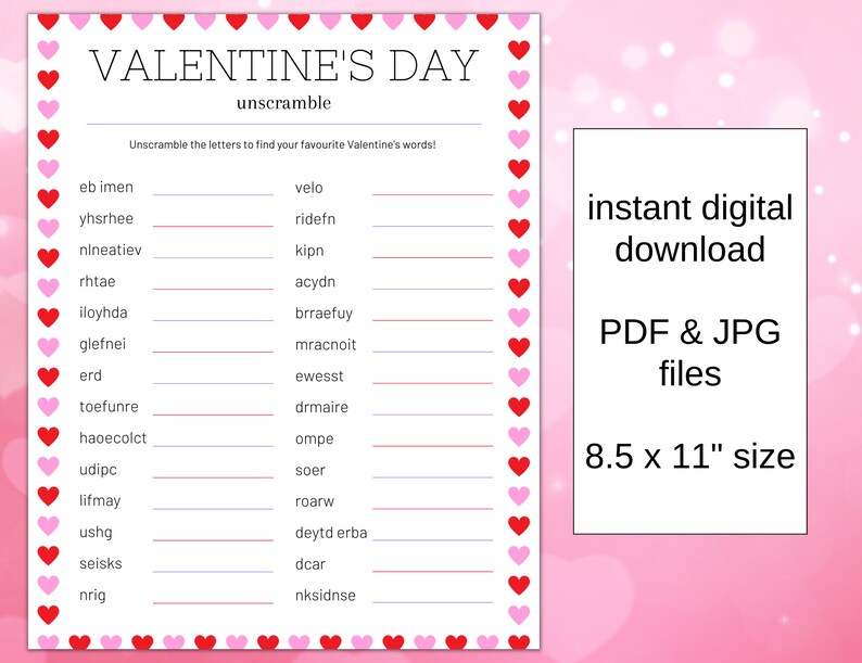Valentine's Day Word Scramble Printable Game With Answer Key - Etsy