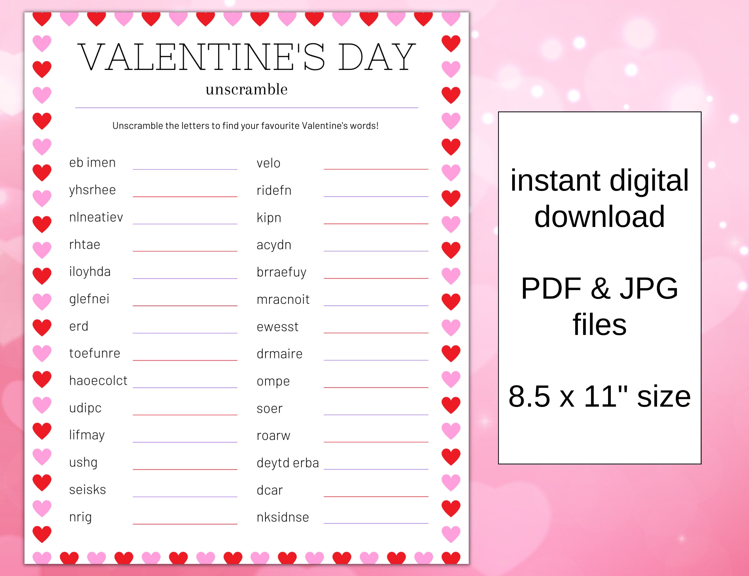 Valentine's Day Word Scramble Printable Game With Answer Key - Etsy