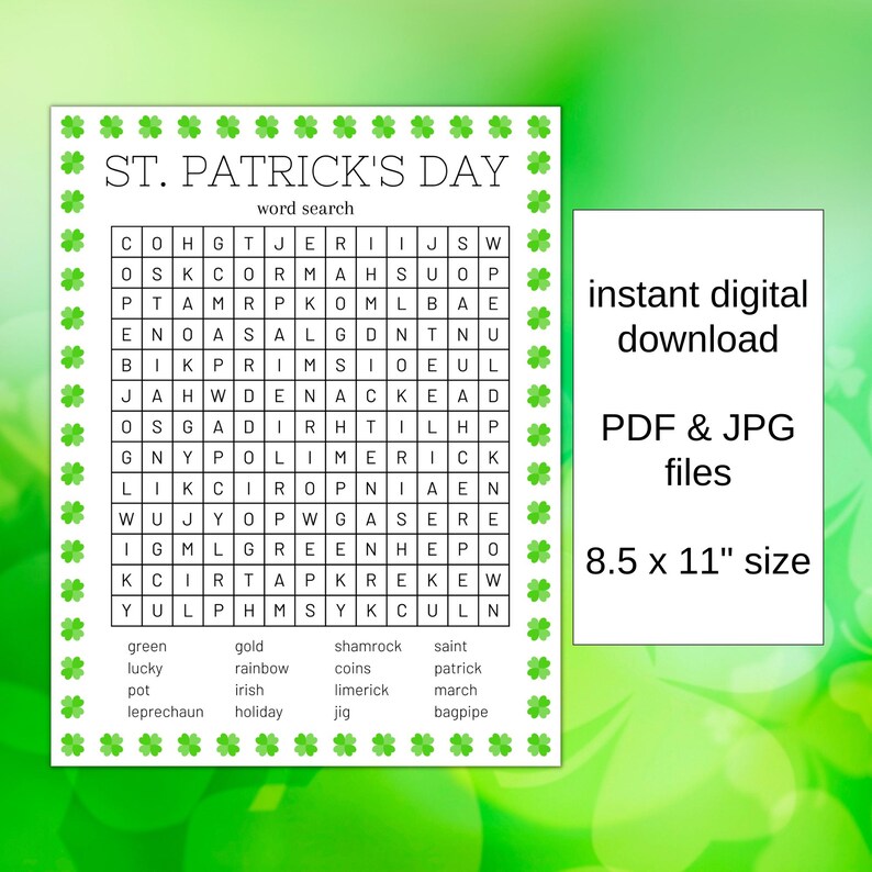 St Patrick's Day Word Search Printable Game With Answer Key - Etsy