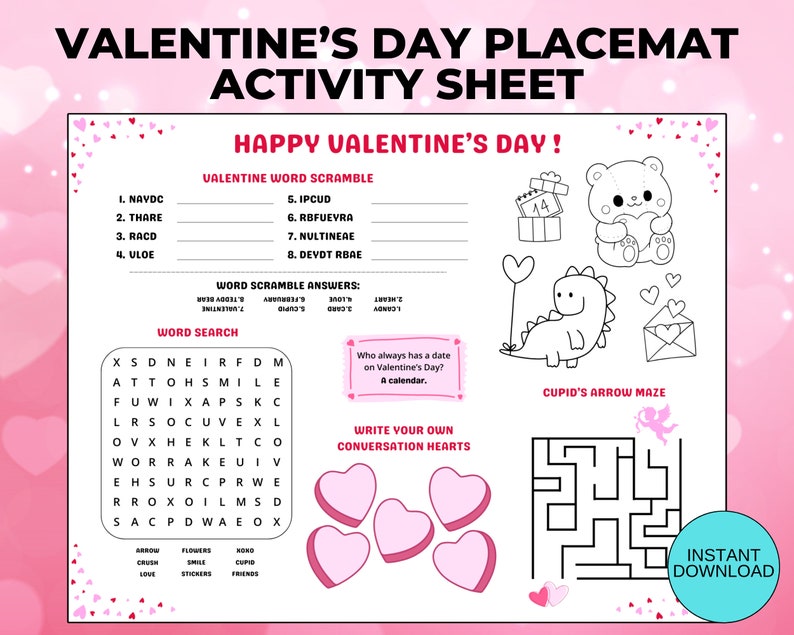 Valentine's Day Placemat Activity Sheet for Kids - Etsy