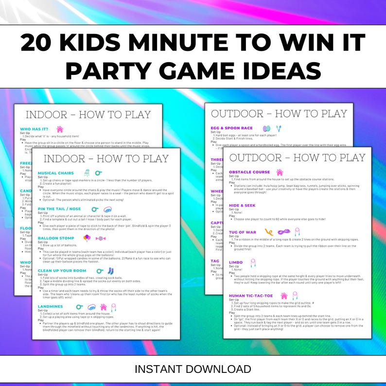 Kids Party, Birthday Printable Game Ideas With Supply List - Etsy