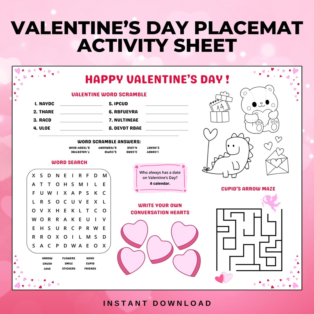 Valentine's Day Placemat Activity Sheet for Kids - Etsy