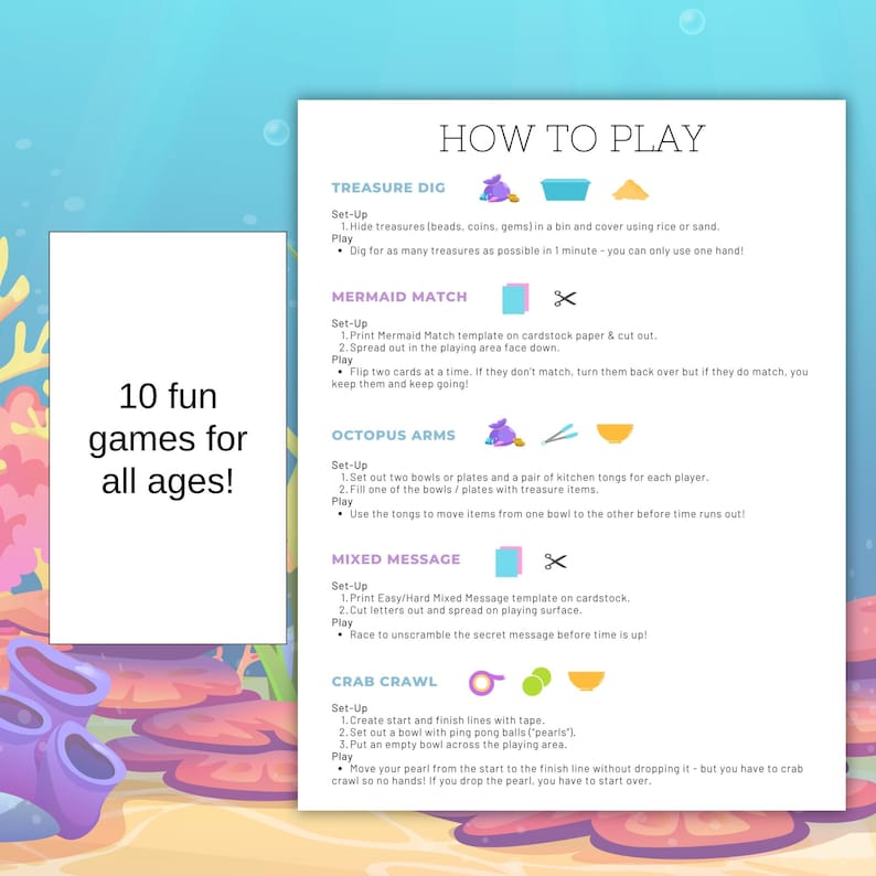 Mermaid Minute to Win It Printable Game Ideas With Supply List and ...