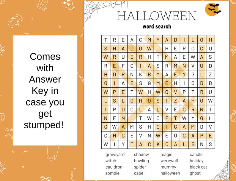 Juego imprimible de búsqueda de palabras de Halloween con clave de ...