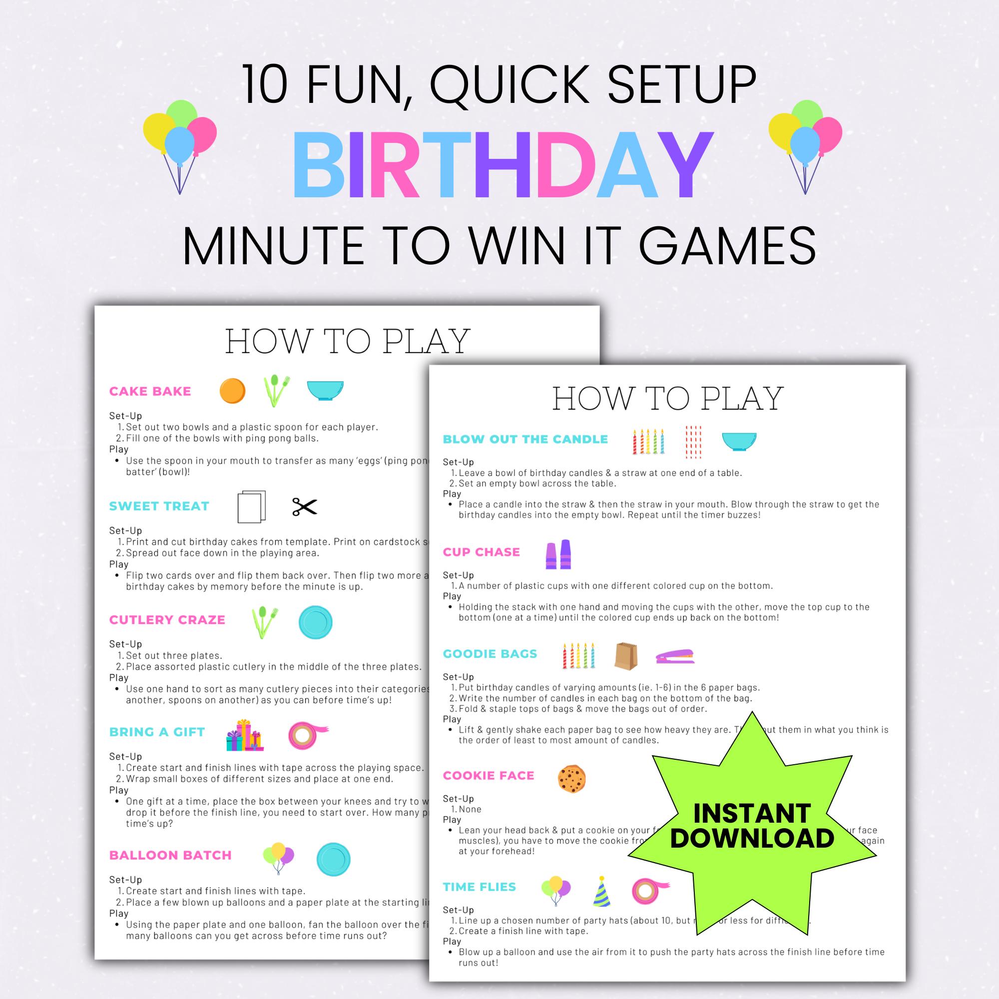 Kids Birthday Minute to Win It Printable Game Ideas With Supply List ...