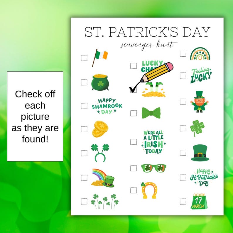 St. Patrick's Day Scavenger Hunt With Pictures, Classroom, Indoor Party ...