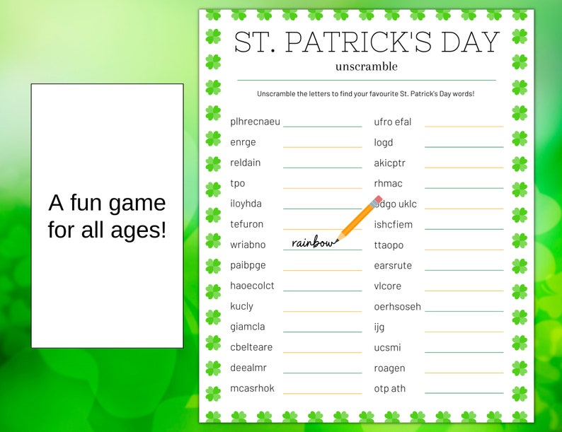 St Patrick's Day Word Scramble Game Printable With Answer Key - Etsy