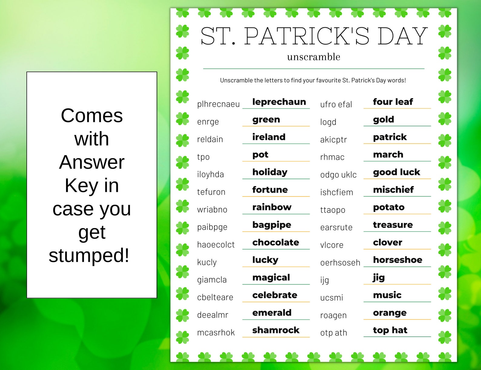 St Patrick's Day Word Scramble Game Printable With Answer Key - Etsy