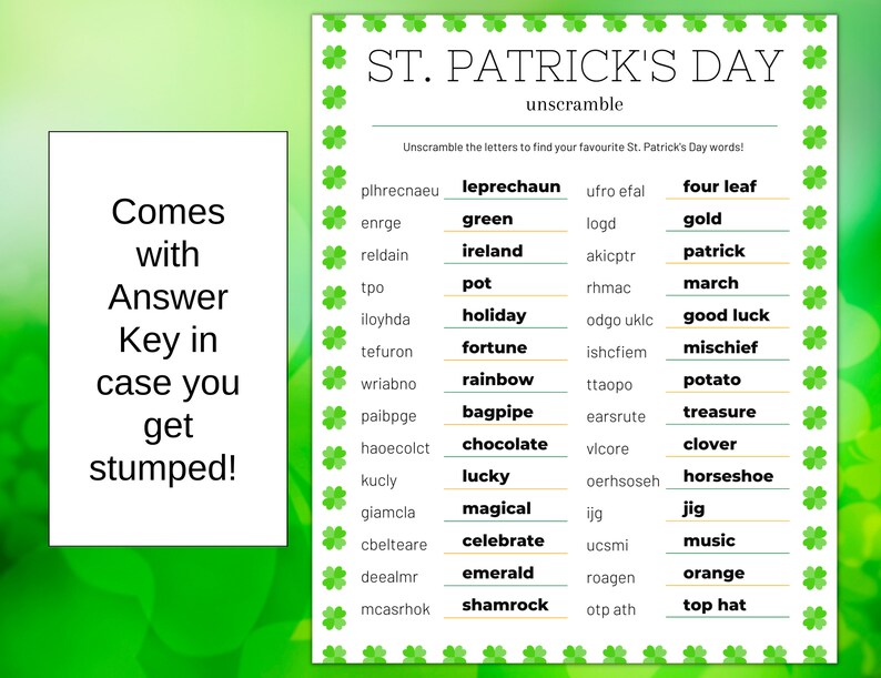 St Patrick's Day Word Scramble Game Printable With Answer Key - Etsy