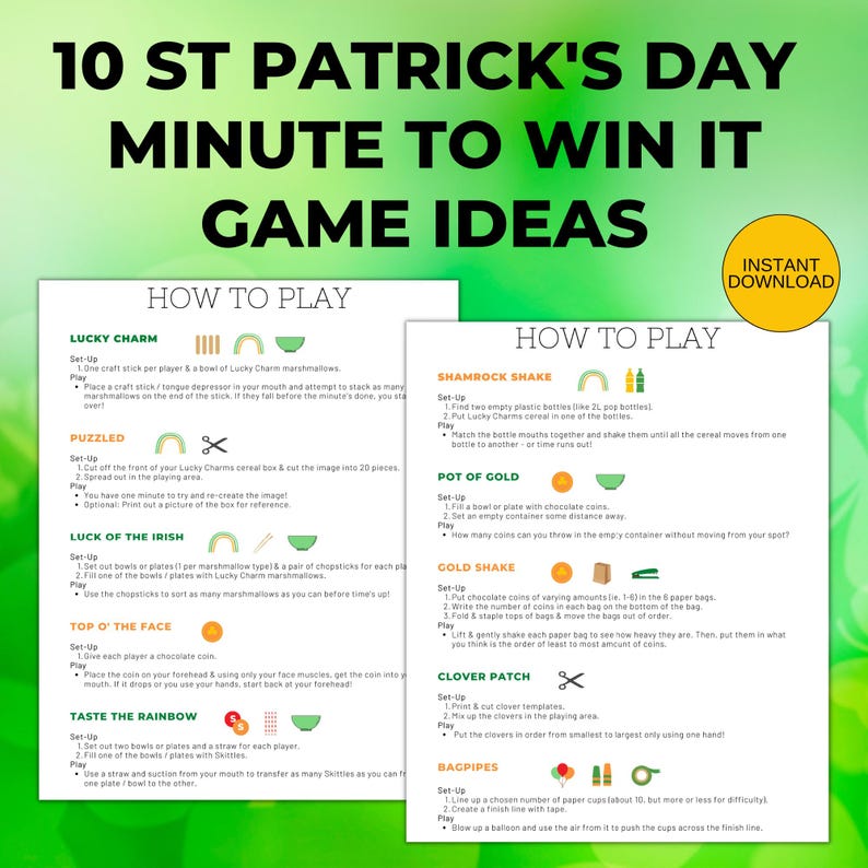 St Patrick's Day Minute to Win It Printable Game Ideas With Supply List ...