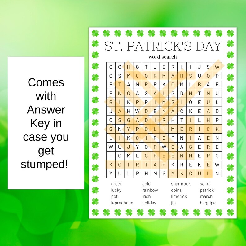 St Patrick's Day Word Search Printable Game With Answer Key - Etsy