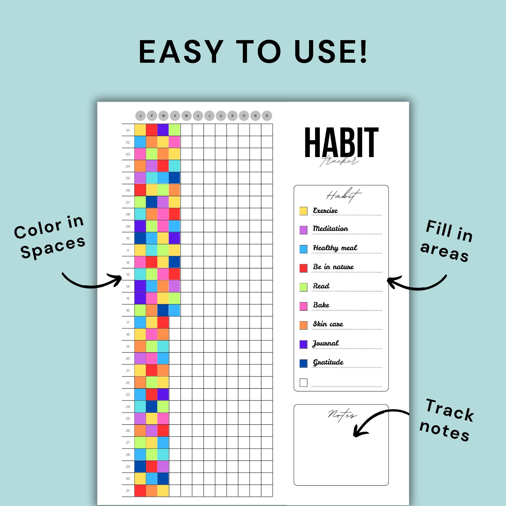 Habit Journal Tracker, Year in Pixels, Printable Journal Page Template ...