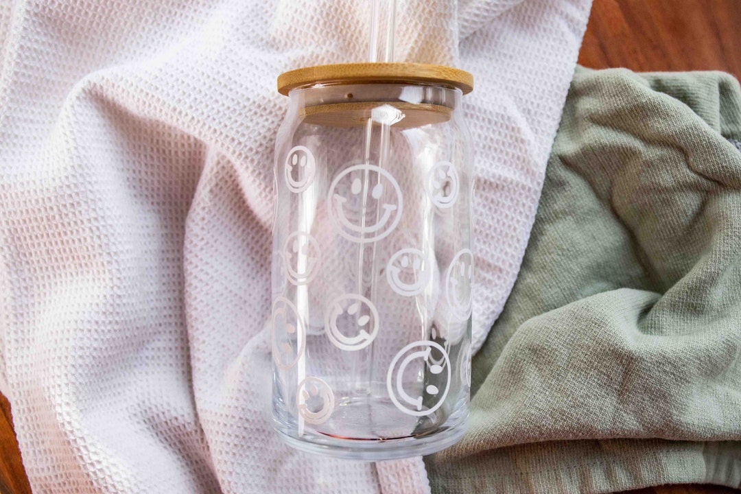 Smiley Glass Coffee Cup, Soda Can Shape With Lid and Straw - Etsy