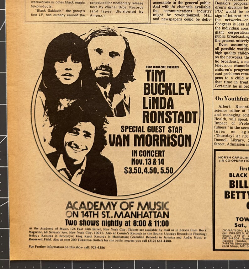 Van Morrison / Linda Ronstadt / Tim Buckley - Original Concert Ads ...