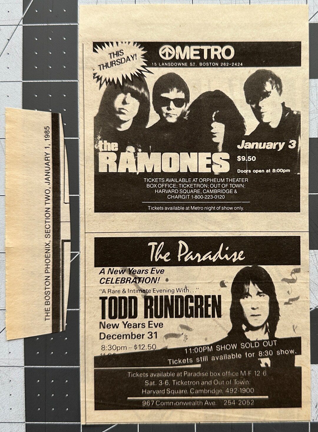 Ramones Original Concert Ad - January 3 1985 Metro, Boston / Todd Rundgren Dec 31 1984 ...