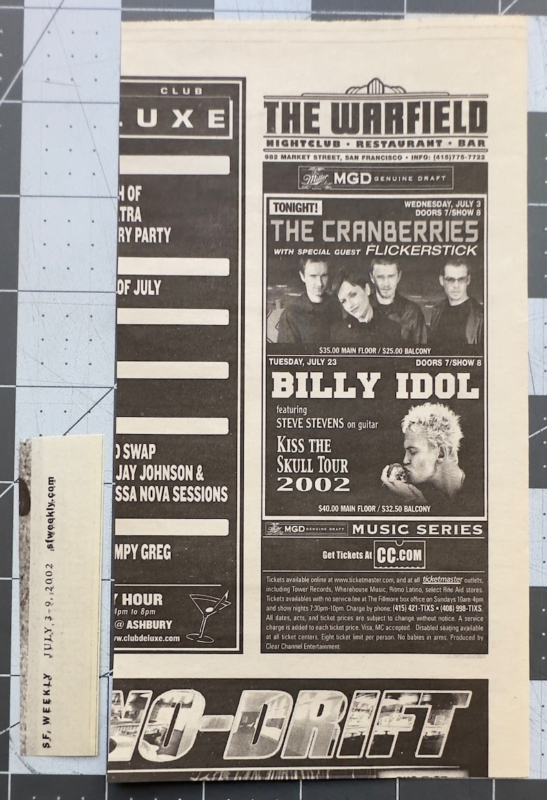 The Cranberries / Billy Idol Original Concert Ad - July 2002 - the ...