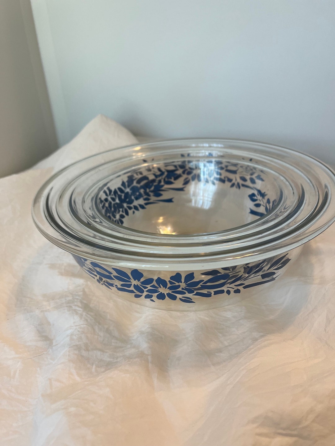 Vintage Clear Pyrex Bowl Set Blue Ribbon and Flower Pattern - Etsy