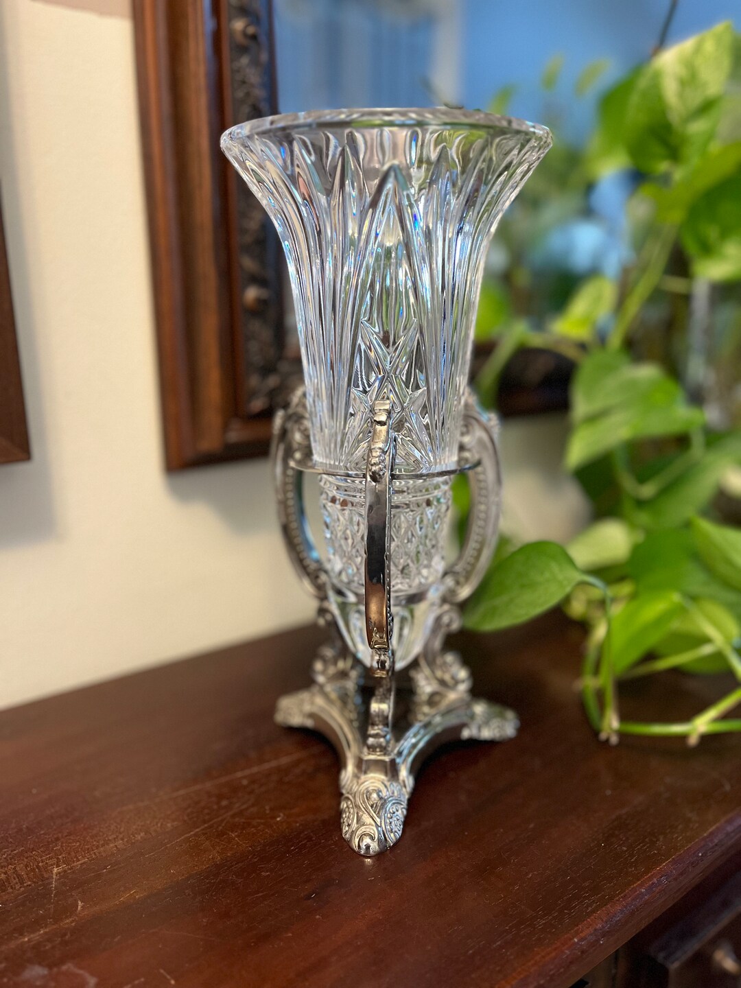 Vintage Godinger Crystal Vase With Silver-plate Three Legged Holder - Etsy