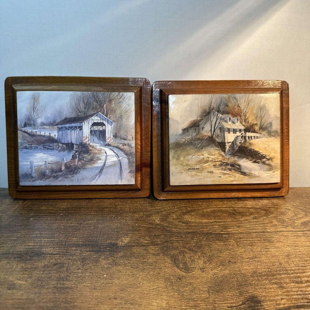 Set of 2 Vintage Country Prints Mounted on Wood Covered Bridge ...