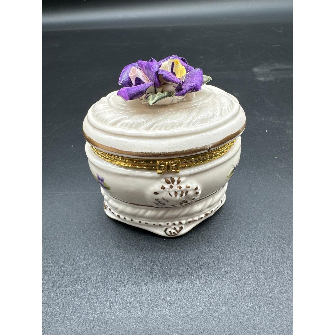 Vintage Capodimonte Style Porcelain Trinket Box Floral Lid Gold Trim ...