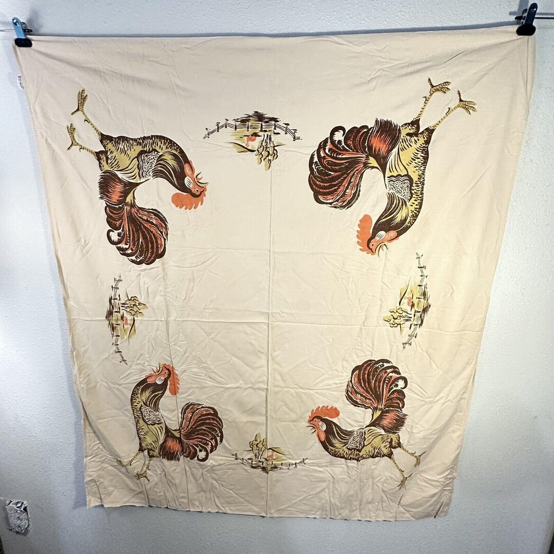 Vintage 50s California Handprints Ecru Rooster Farm Cotton Tablecloth ...