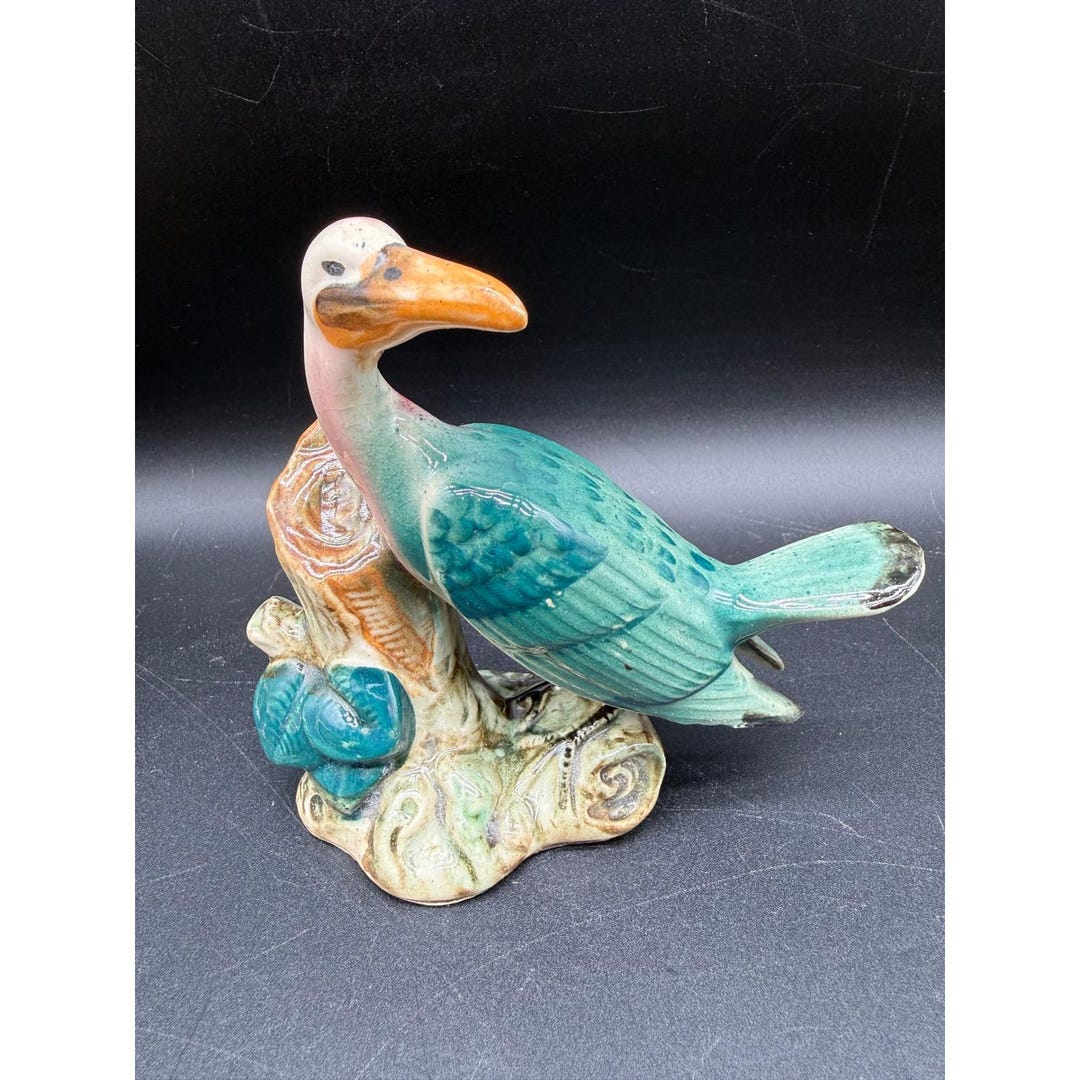 Vintage Ceramic Crane Figurine Sculpture Perched on Tree Branch Blue ...