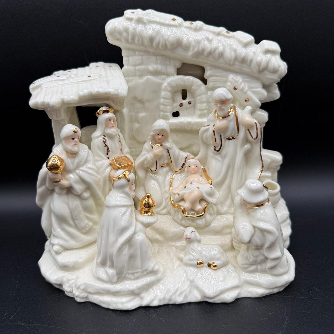 Vintage Porcelain Nativity Scene Gold Trim Christmas Religious ...
