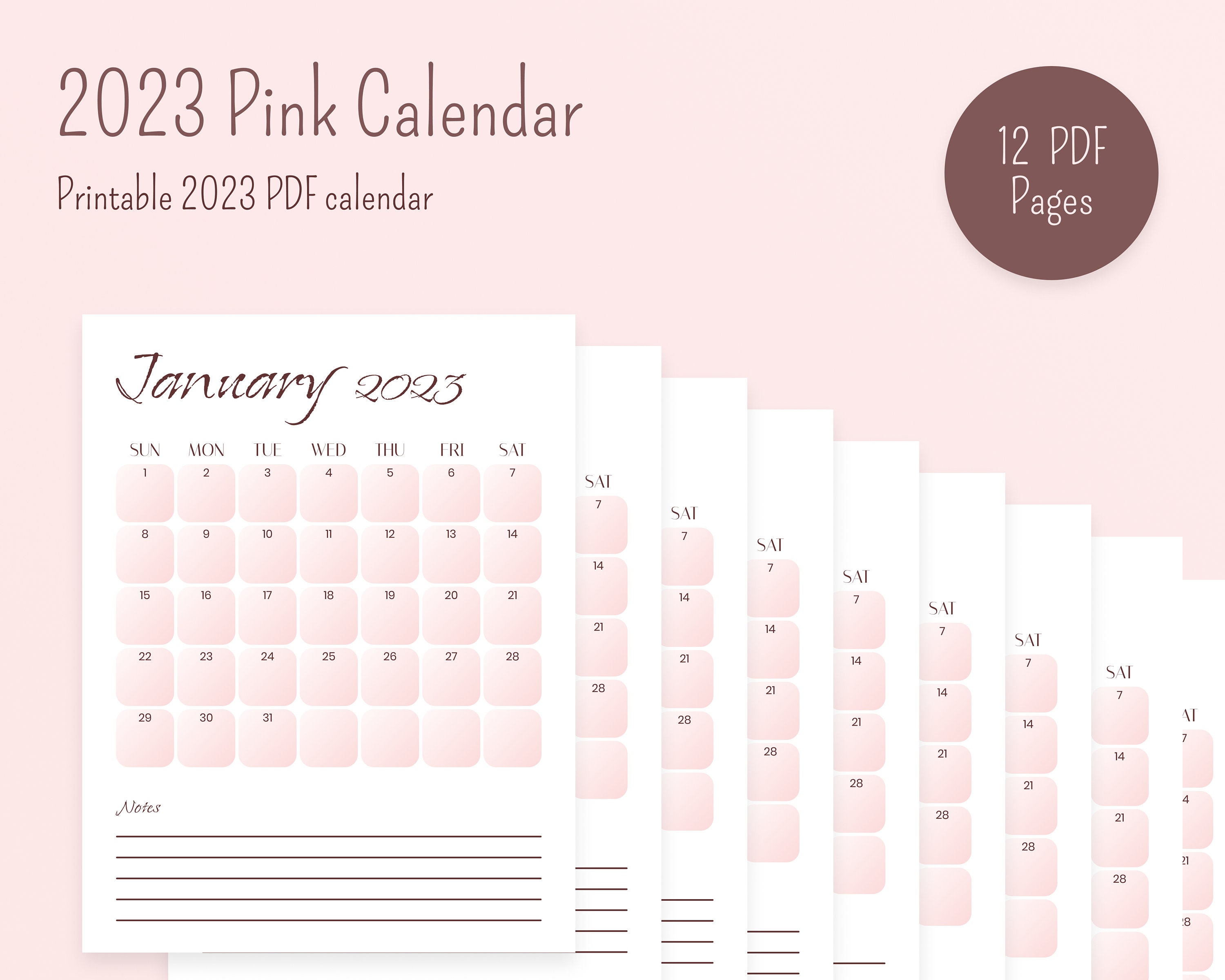2023 Pink Calendar - Printable PDF - Etsy