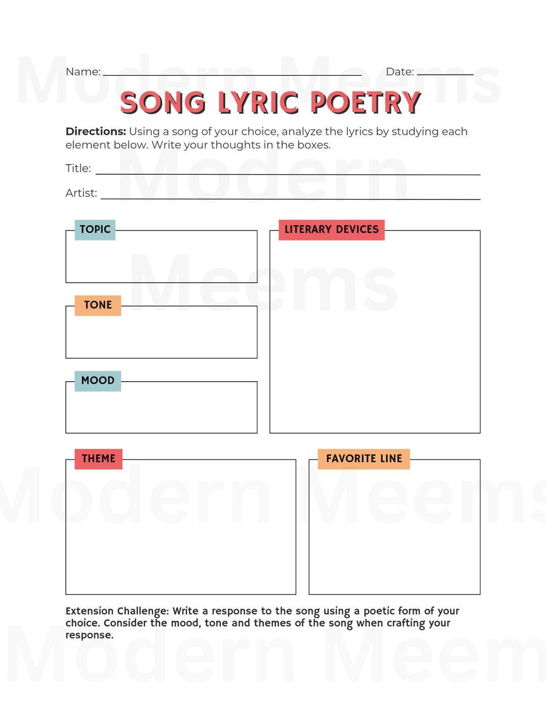 Songwriting & Poetry Analysis Sheet Instant Downloadable Song Analysis ...