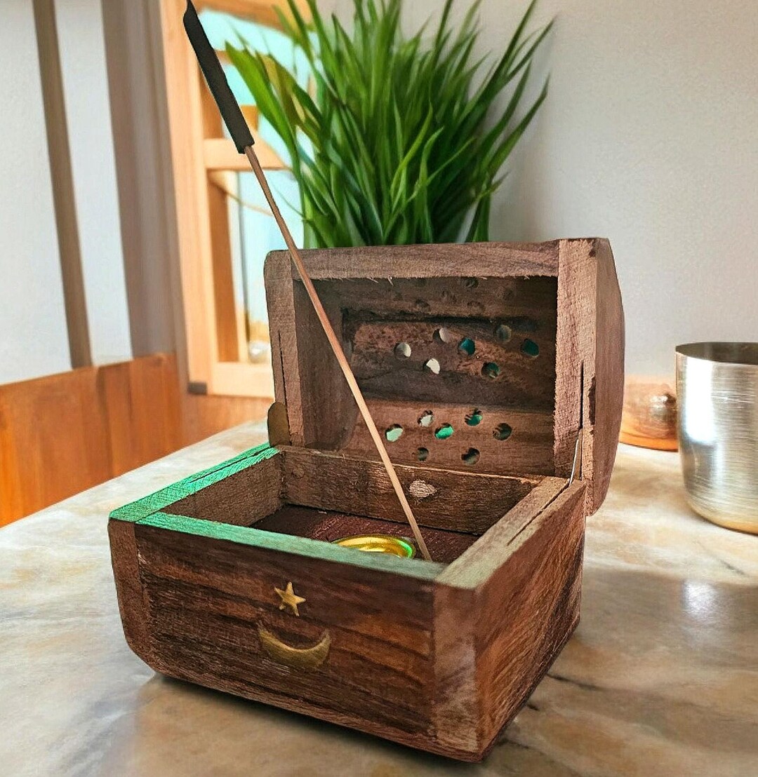 Compact Wooden Incense Burner Box Cone or Stick Incense Storage and ...