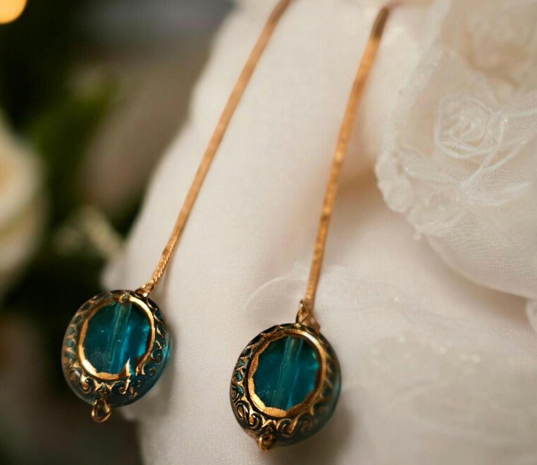 Art Deco Blue Glass Bead Threader 14K Gold Earrings Dainty Climbing ...