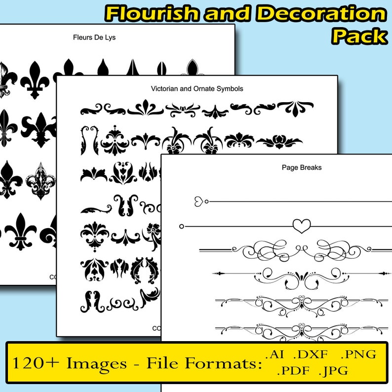 Flourish and Decoration SVG Ai Png Dxf PDF Pack 3 - Etsy
