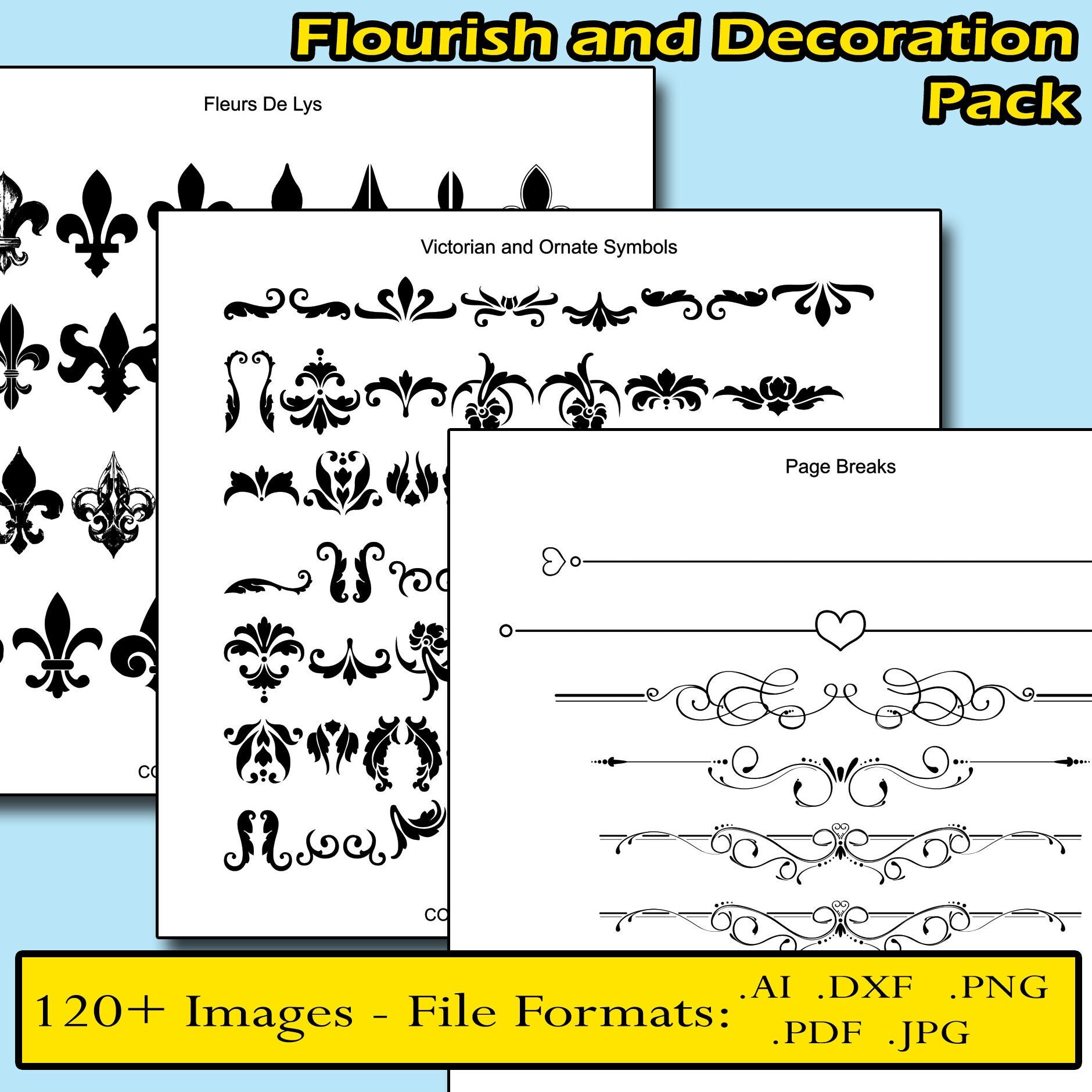 Flourish and Decoration SVG Ai Png Dxf PDF Pack 3 - Etsy