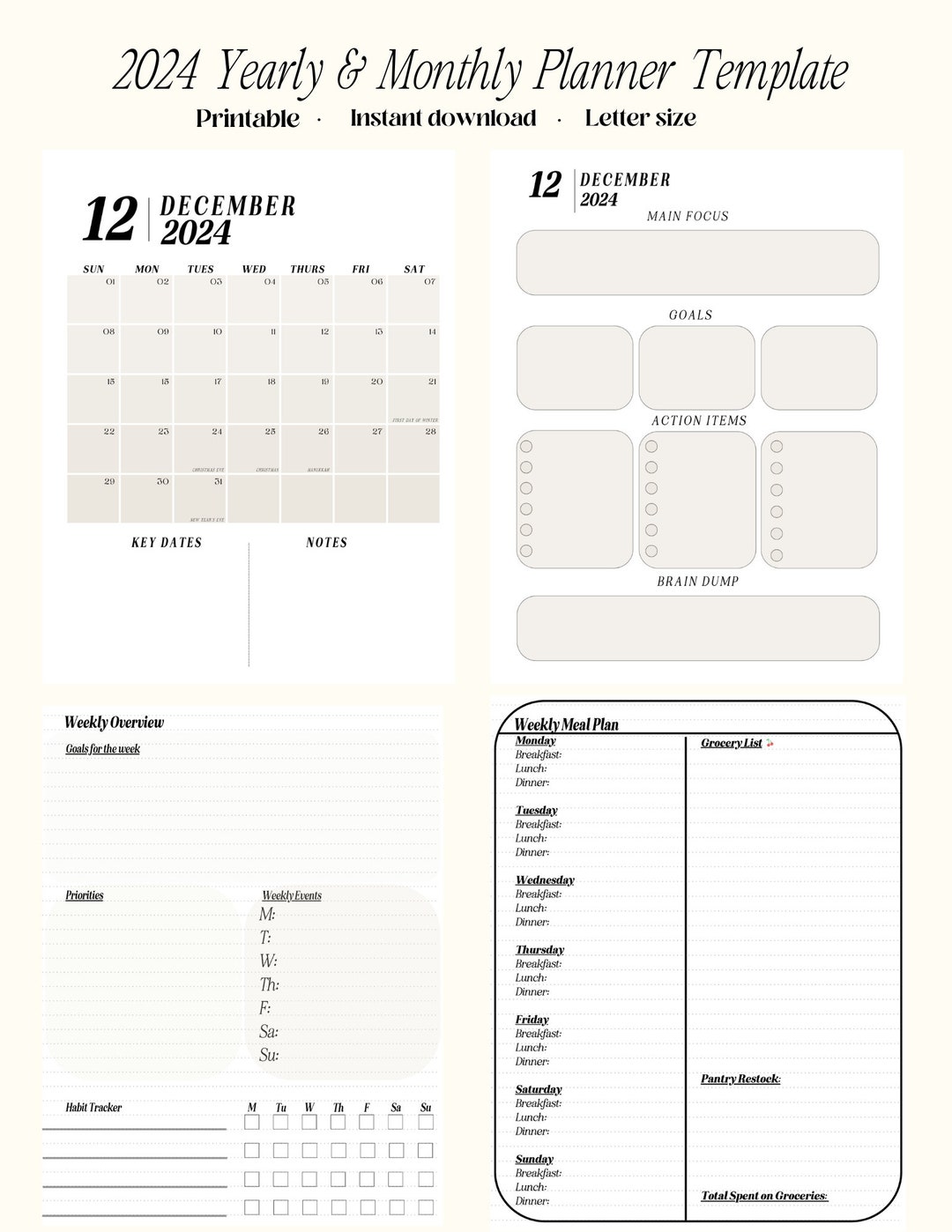 2024 Printable Yearly Monthly Daily Planner Goal Tracker - Etsy