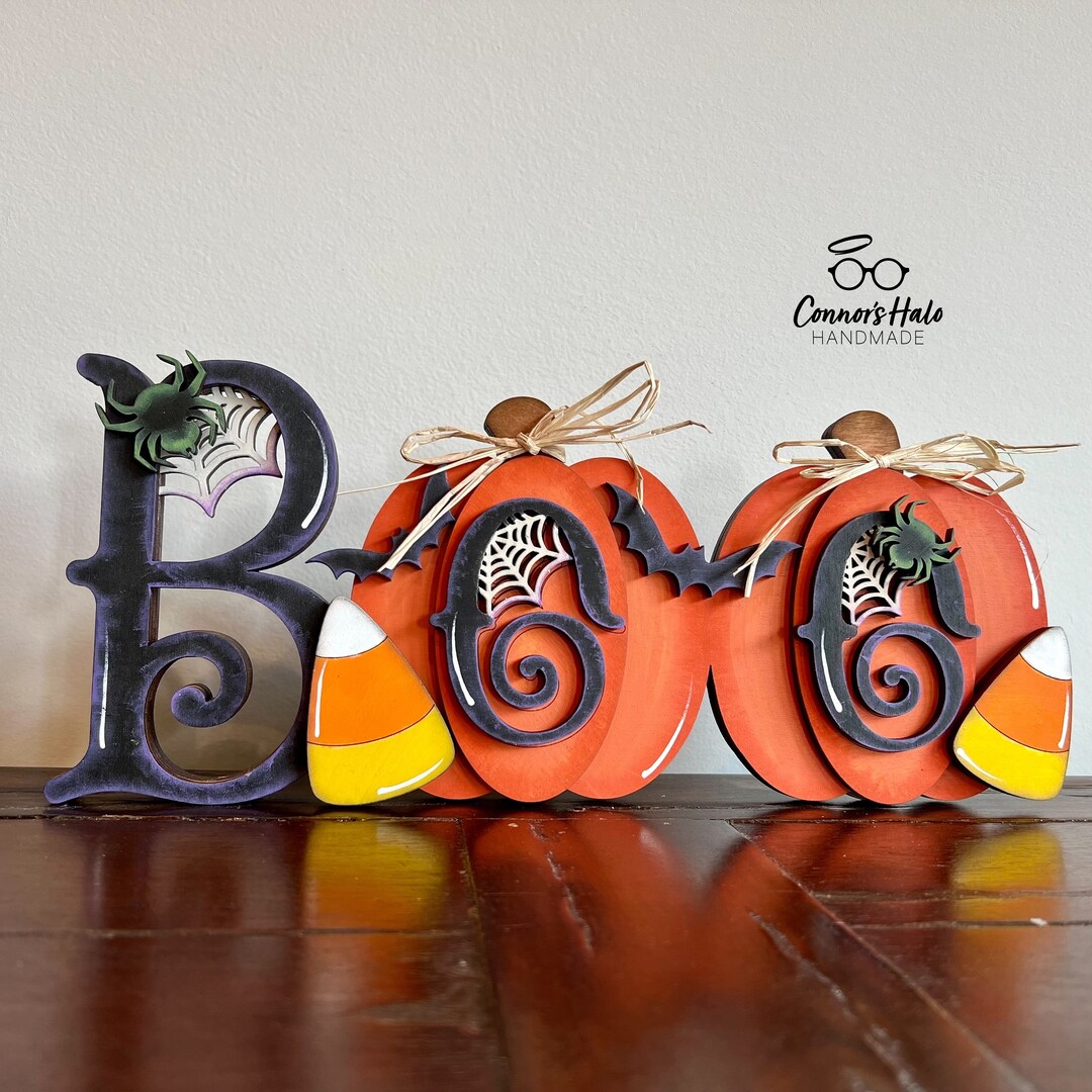 Hand Painted Boo Spooky Pumpkins Halloween Shelf Sitter, 12.5x5.5, Fall ...
