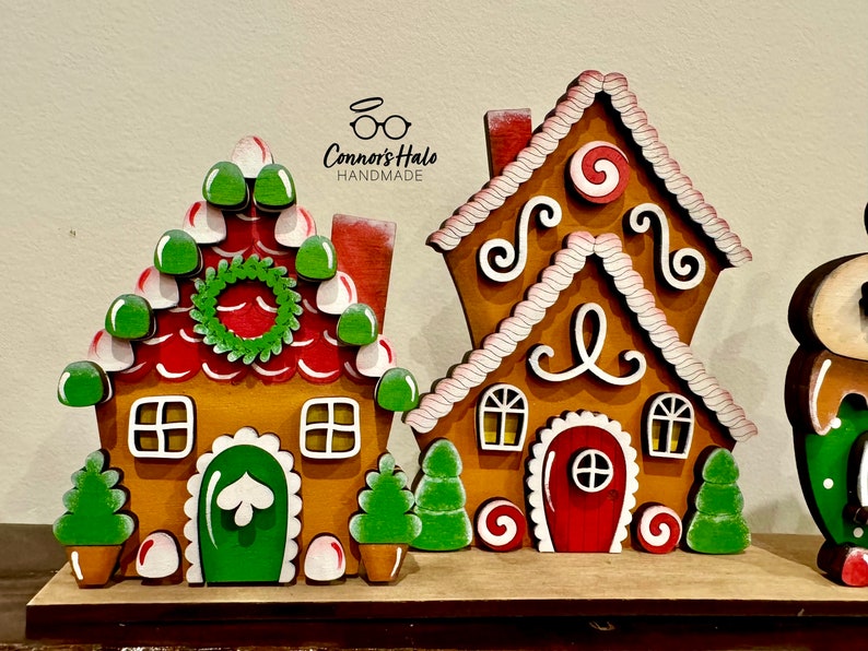 Hand Painted Gingerbread Houses Christmas Shelf Sitter, Fun Holiday ...