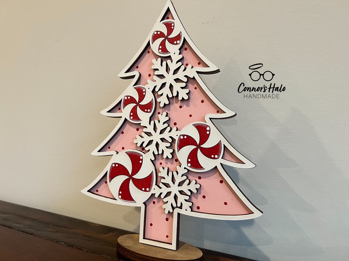 Pink Peppermint Candy Wood Christmas Tree Shelf Sitter, 10x8, Hand Painted Tabletop Decoration ...