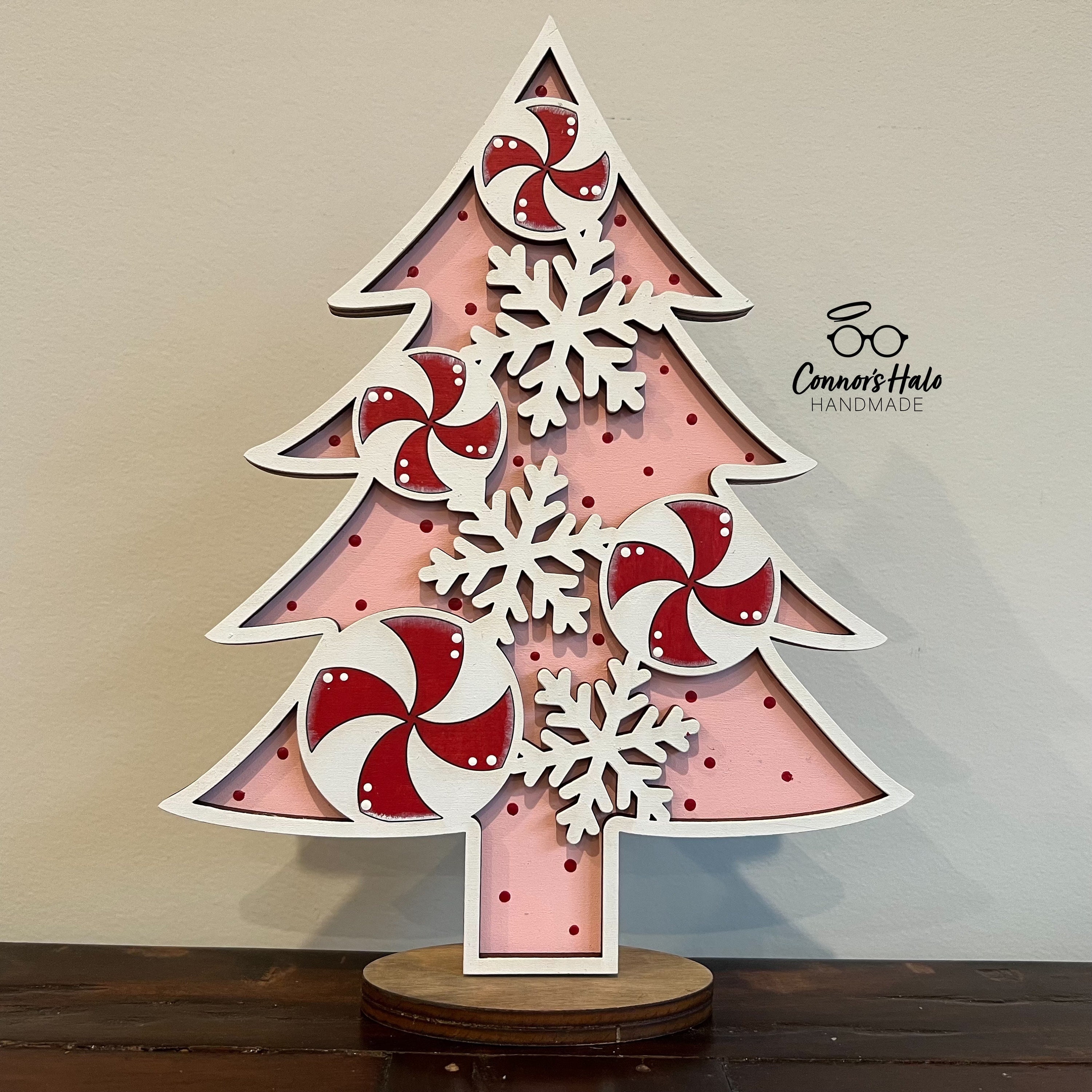 Pink Peppermint Candy Wood Christmas Tree Shelf Sitter, 10x8, Hand Painted Tabletop Decoration ...