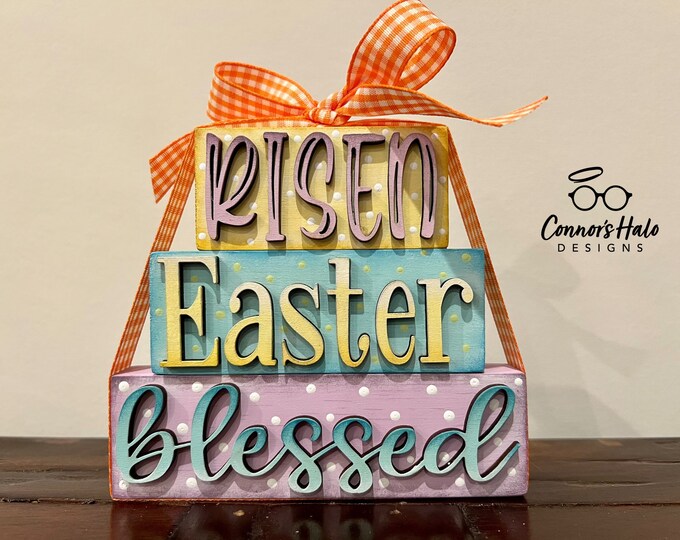 Easter Risen Blessed Wood Block Word Stack, Religious Shelf Sitter, Cute Tiered Tray Decor ...
