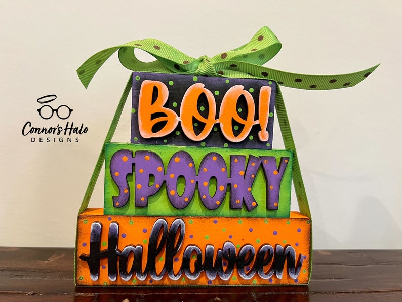 Boo Spooky Halloween Wood Block Word Stack, 5”x5”, Whimsical Autumn ...