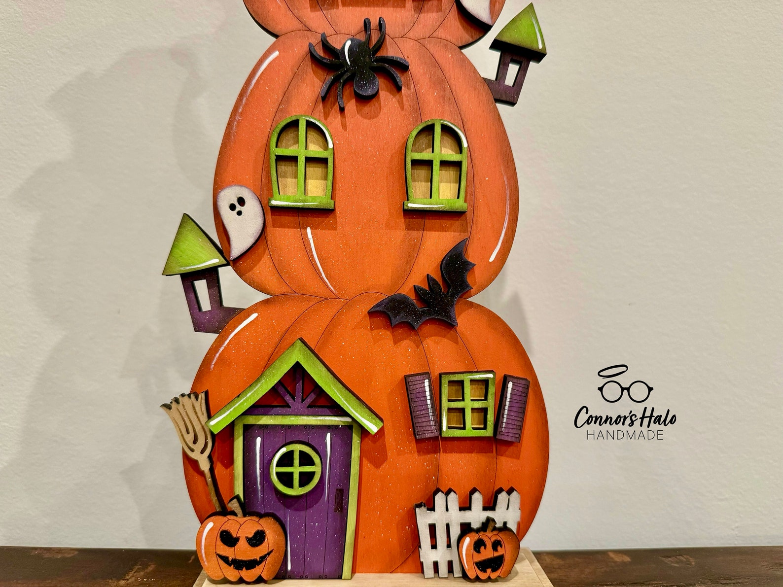 Hand Painted Halloween Haunted Pumpkin House Shelf Sitter Home Decor ...