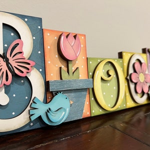 Bloom Hand Painted Wood Word Blocks, Whimsical Shelf Sitter 14.5”x5 ...