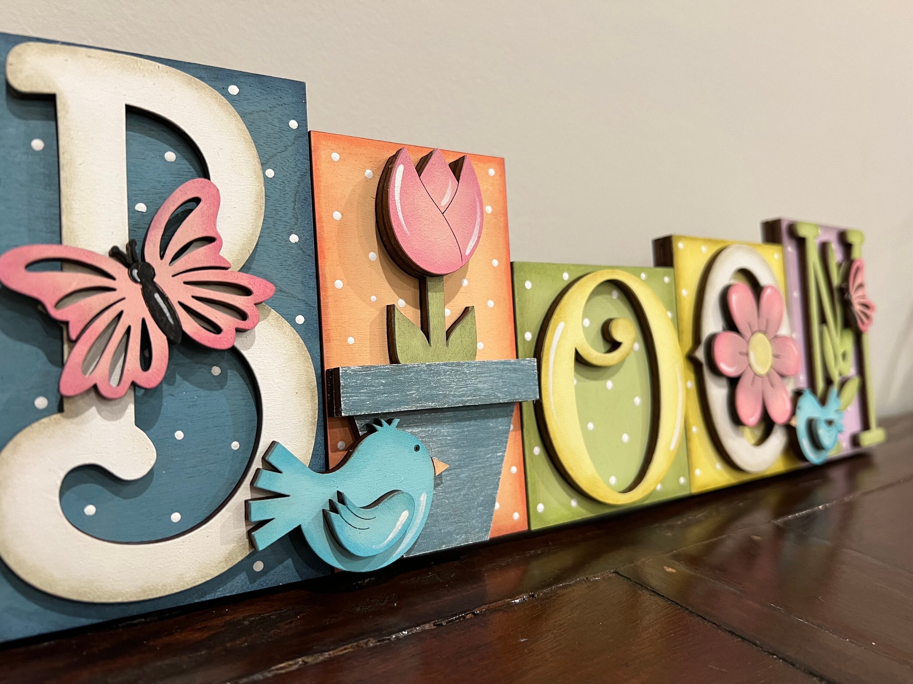 Bloom Hand Painted Wood Word Blocks, Whimsical Shelf Sitter 14.5x5 ...