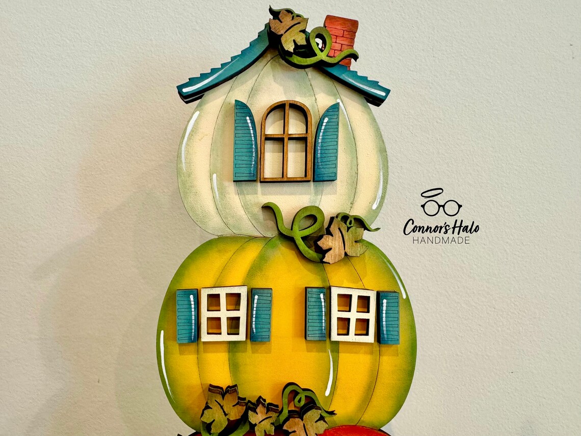 Hand Painted Fall Pumpkin House Shelf Sitter Home Decor, Whimsical ...