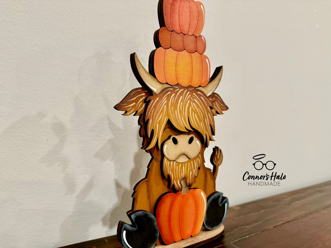 Hand Painted Fall Highland Cow Shelf Sitter, Whimsical Tabletop Decor ...