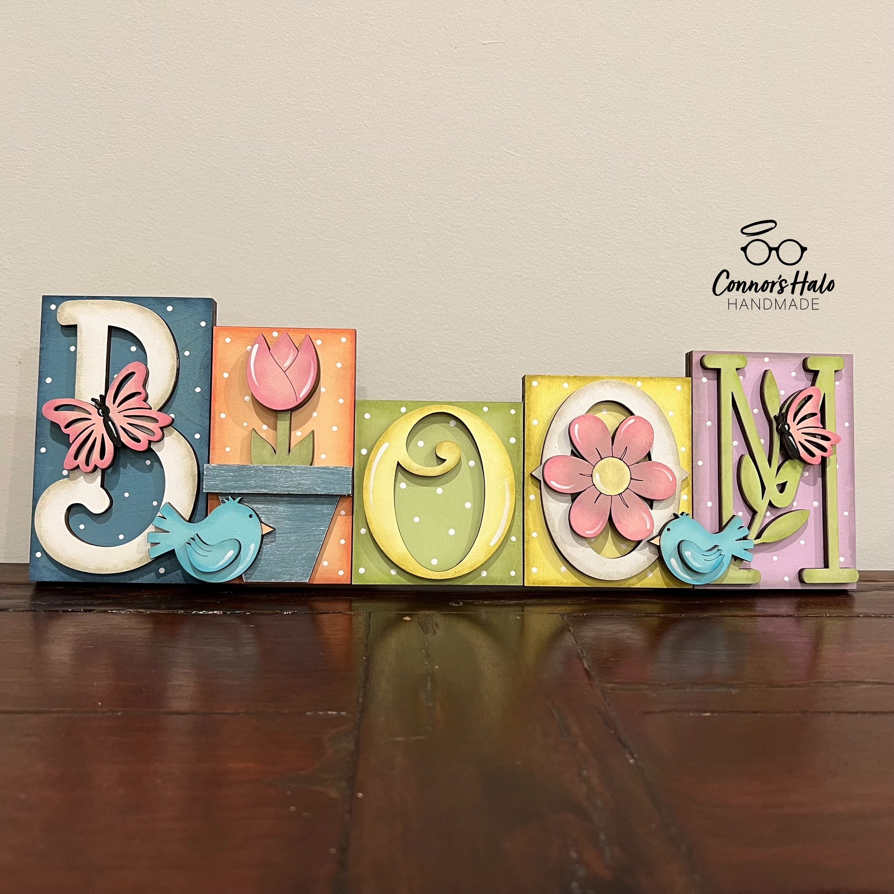 Bloom Hand Painted Wood Word Blocks, Whimsical Shelf Sitter 14.5x5 ...