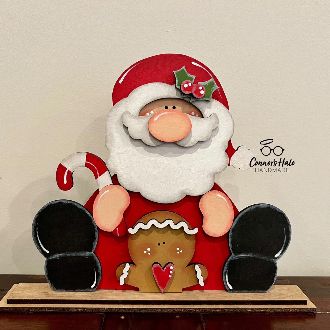 Hand Painted Sitting Santa Claus With Gingerbread Christmas Wood Shelf ...