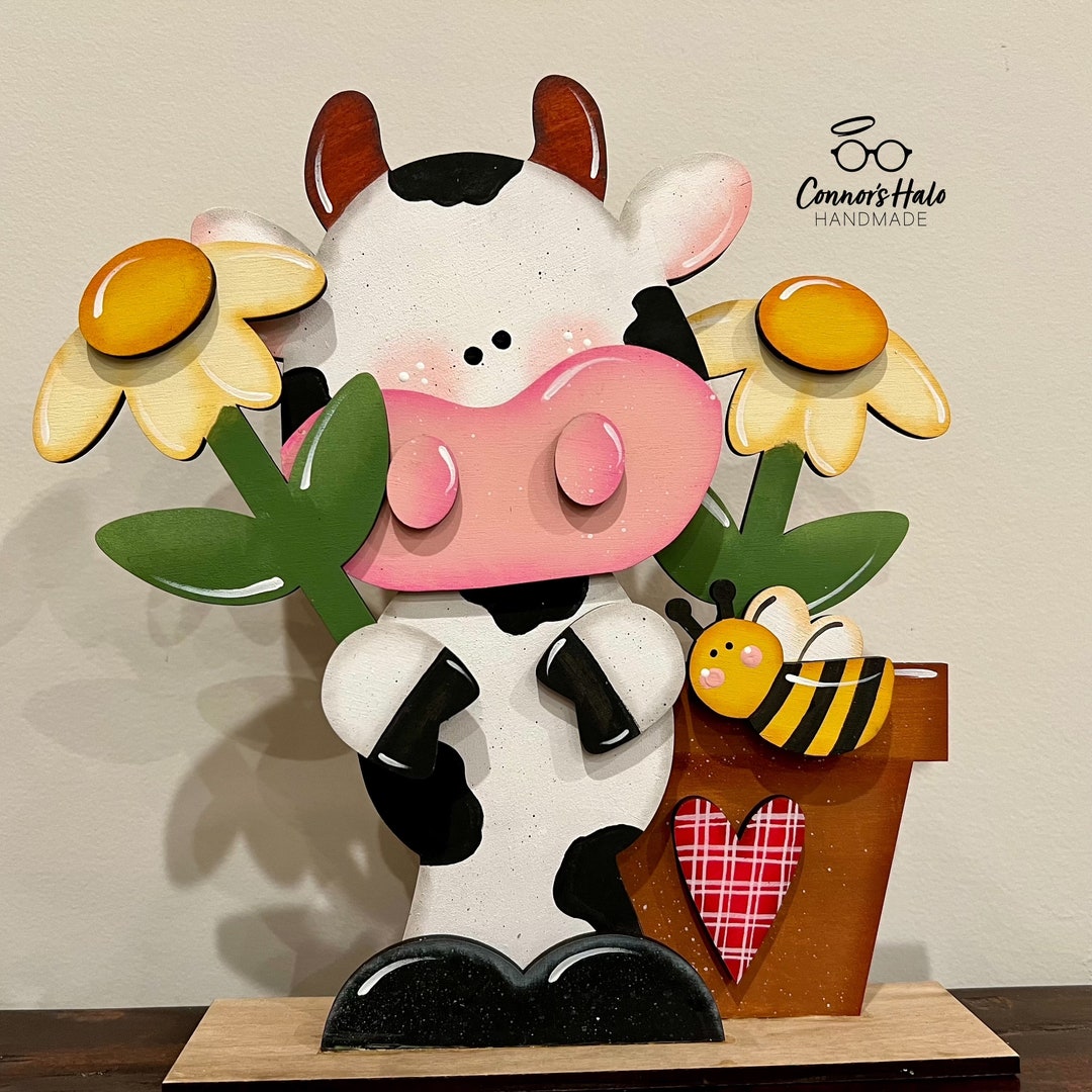 Cute Cow With Flowers Shelf Sitter, Hand Painted Home Decor, Farmhouse ...
