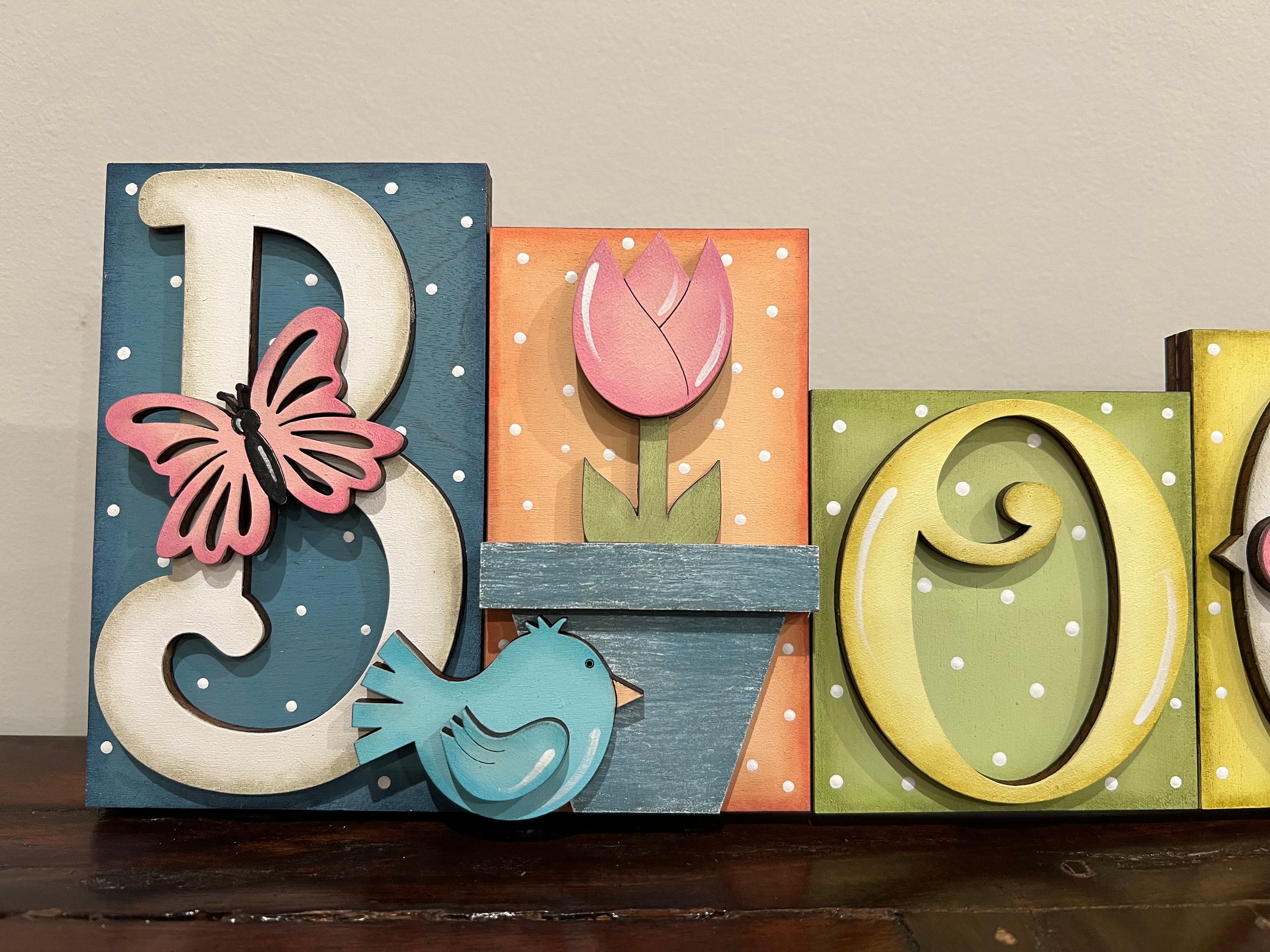 Bloom Hand Painted Wood Word Blocks, Whimsical Shelf Sitter 14.5x5 ...
